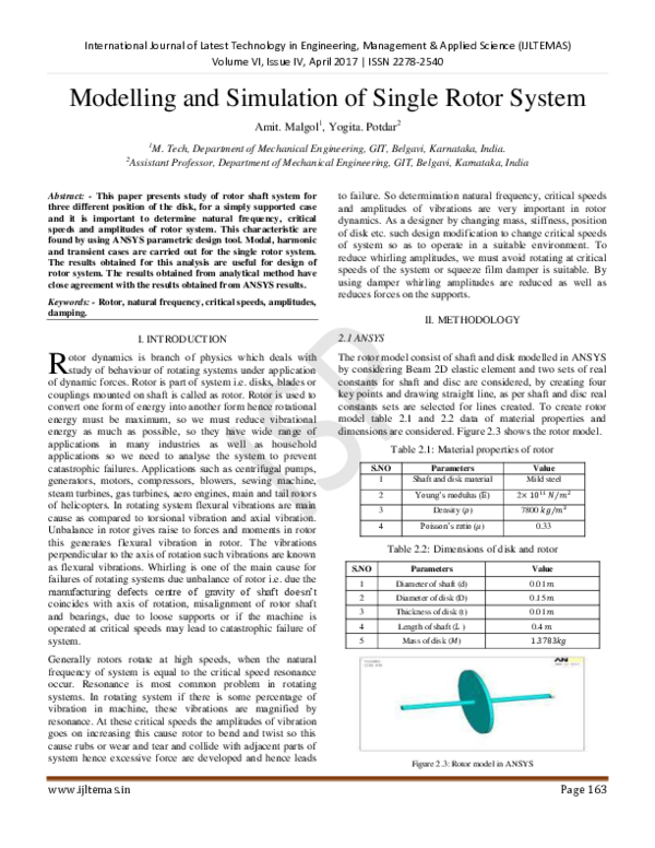 Pdf Modelling And Simulation Of Single Rotor System