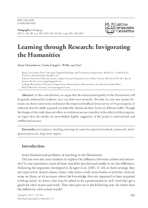 (PDF) Learning through Research: Invigorating the Humanities