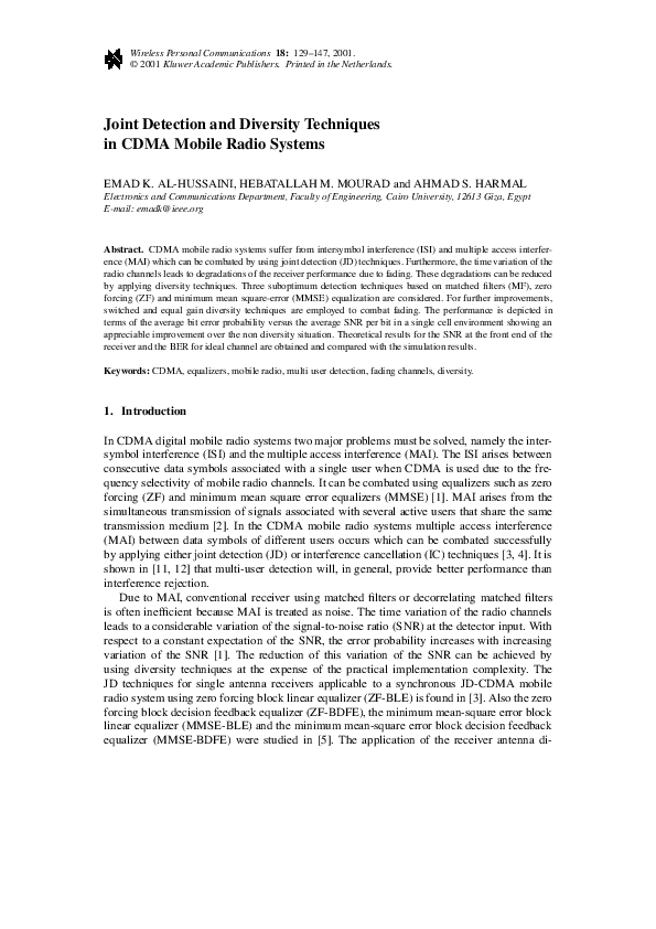 Pdf Joint Detection And Diversity Techniques In Cdma Mobile Radio Systems