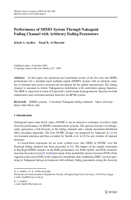 (PDF) Performance of MIMO System Through Nakagami Fading Channel with Arbitrary Fading Parameters