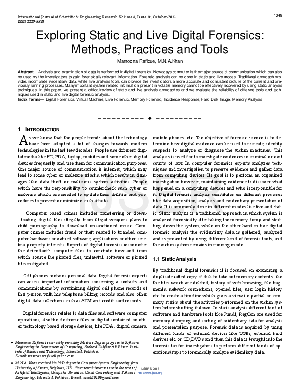 (PDF) Exploring Static and Live Digital Forensics: Methods, Practices and Tools