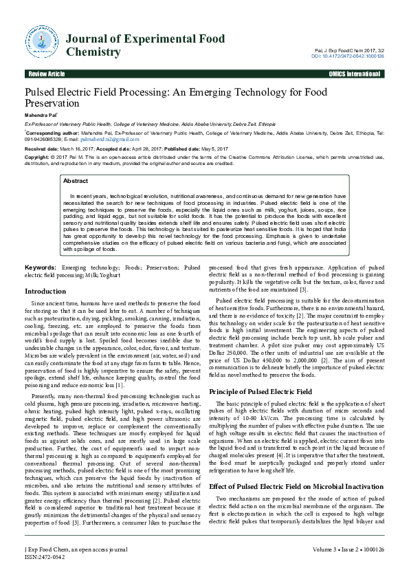 (PDF) Pulsed Electric Field Processing: An Emerging Technology for Food Preservation