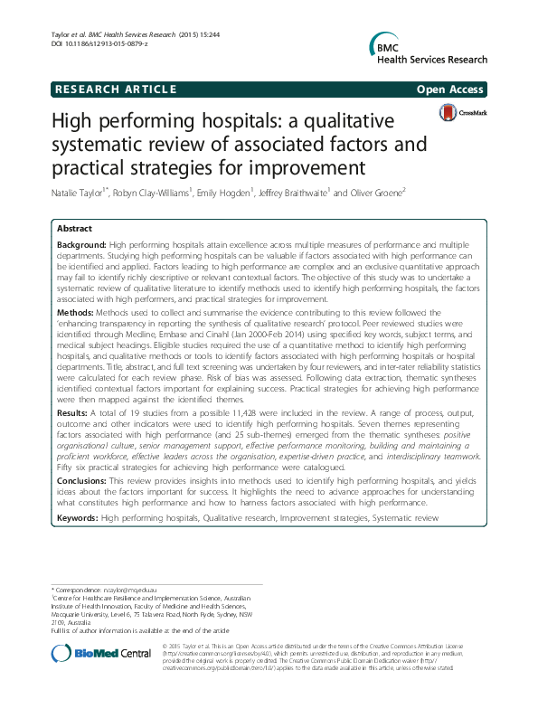 (PDF) High performing hospitals: a qualitative systematic review of ...