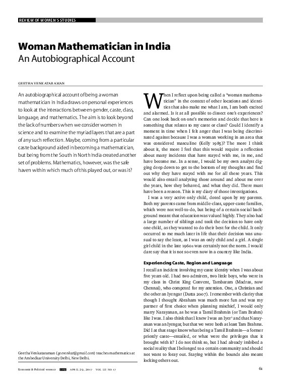 (PDF) Woman Mathematician in India An Autobiographical Account