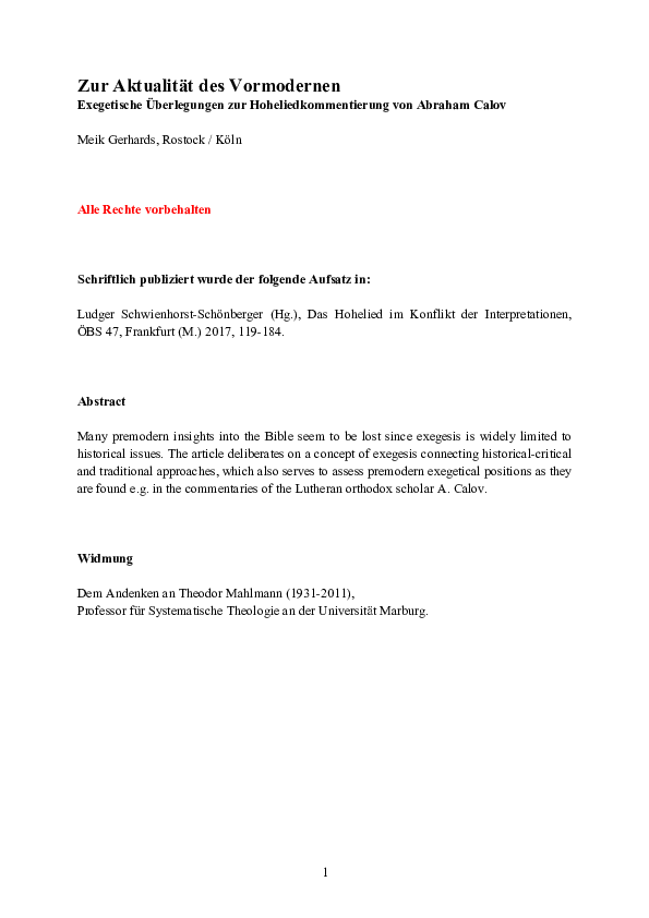 (PDF) Zur Aktualität des Vormodernen. Exegetische Überlegungen zur ...