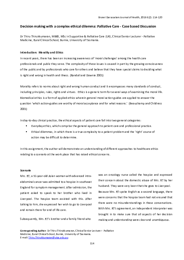 (PDF) Decision making with a complex ethical dilemma: Palliative Care ...