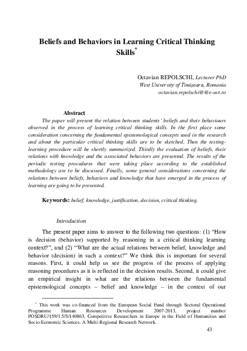 (PDF) Beliefs and Behaviors in Learning Critical Thinking Skills