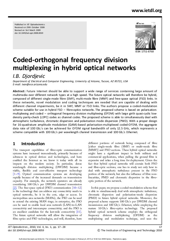 (PDF) Coded-orthogonal frequency division multiplexing in hybrid optical networks