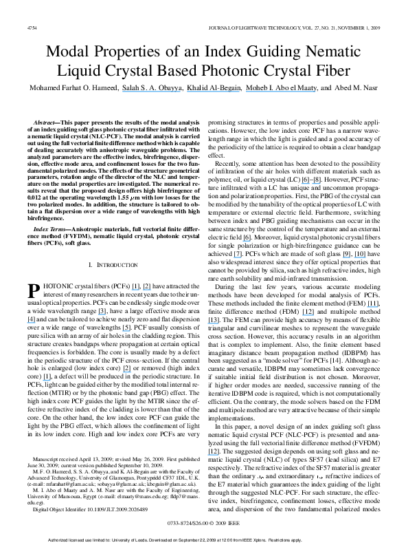 (PDF) Modal Properties of an Index Guiding Nematic Liquid Crystal Based Photonic Crystal Fiber