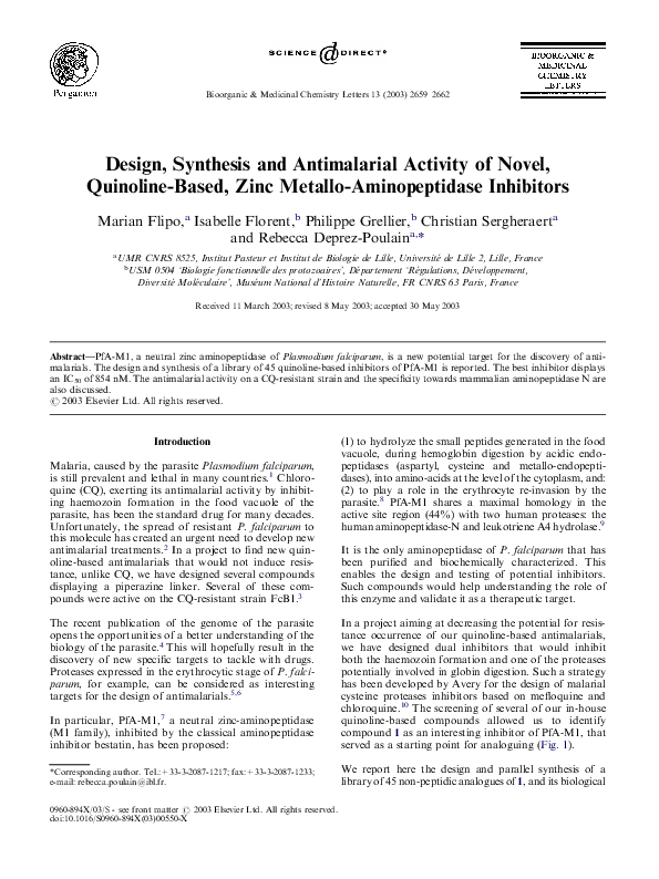 (PDF) Design, synthesis and antimalarial activity of novel, quinoline-Based, zinc metallo ...