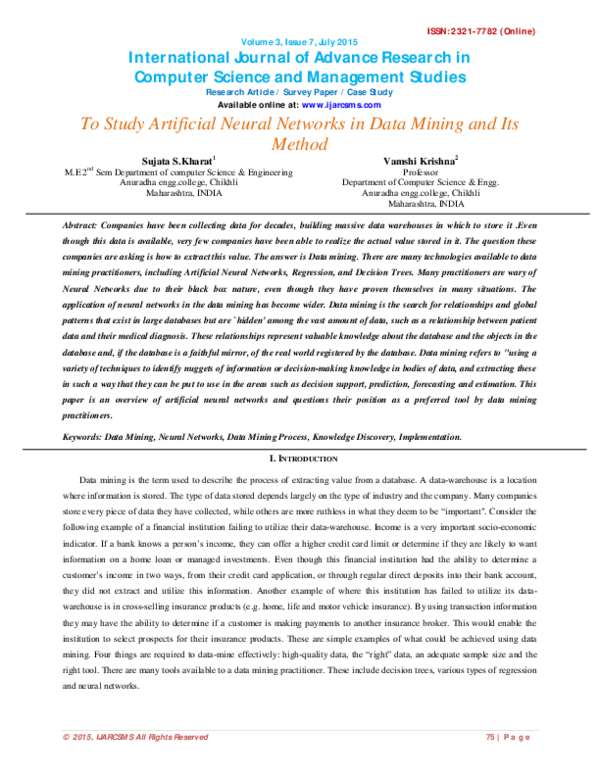(PDF) To Study Artificial Neural Networks in Data Mining and Its Method