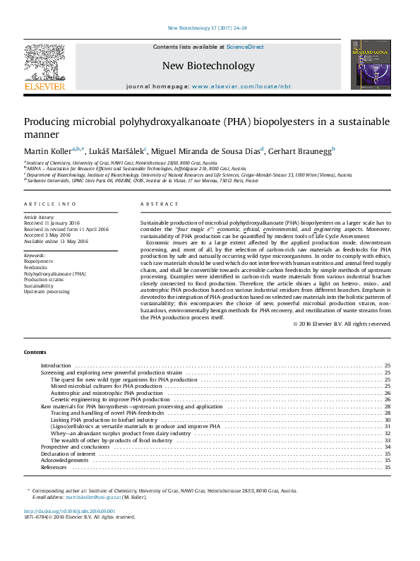 (PDF) Producing microbial polyhydroxyalkanoate (PHA) biopolyesters in a sustainable manner