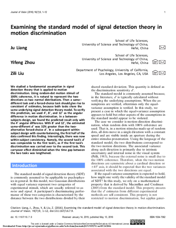 Pdf Examining The Standard Model Of Signal Detection Theory In Motion