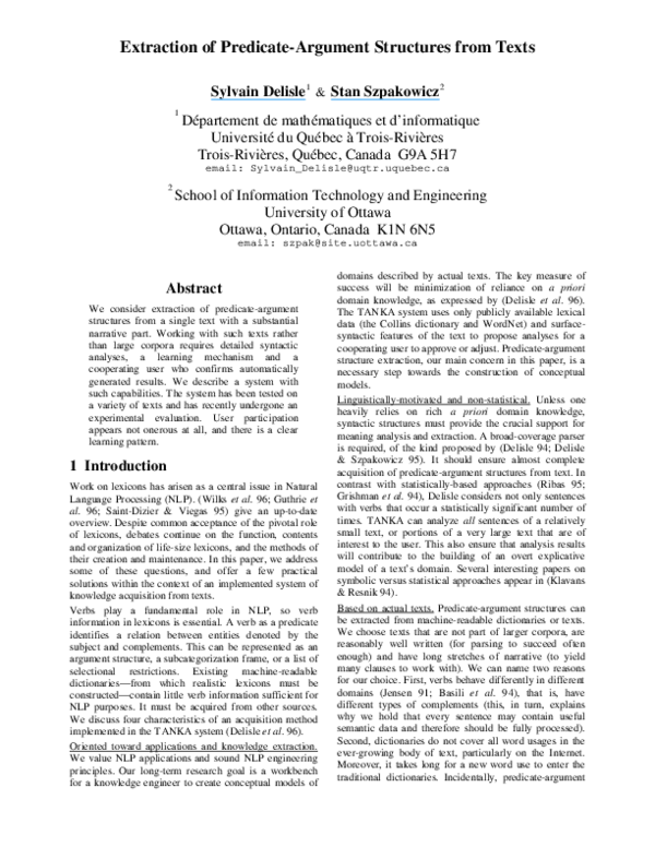 (PDF) Extraction of Predicate-Argument Structures from Texts
