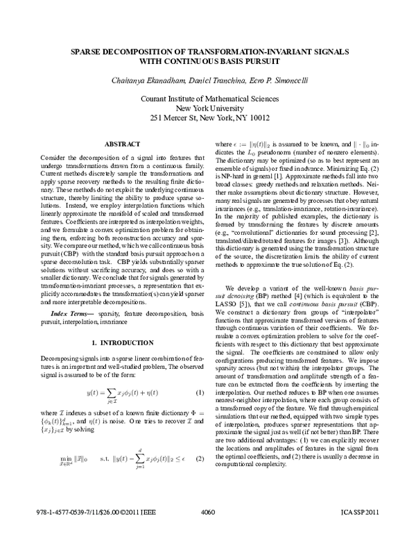 (PDF) SPARSE DECOMPOSITION OF TRANSFORMATION-INVARIANT SIGNALS WITH CONTINUOUS BASIS PURSUIT