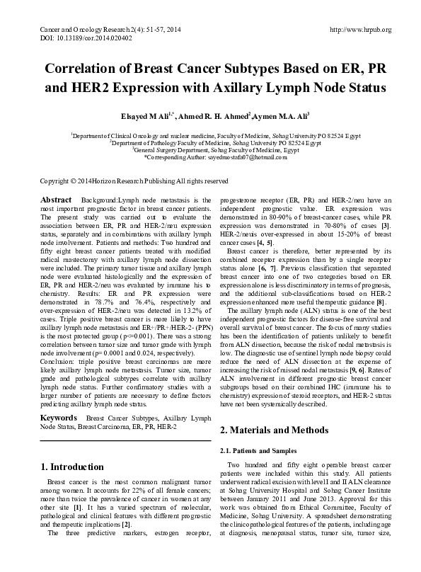 (PDF) Correlation of Breast Cancer Subtypes Based on ER, PR and HER2 Expression with Axillary ...