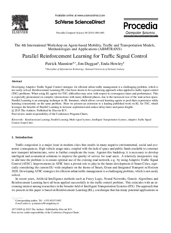 (PDF) Parallel Reinforcement Learning for Traffic Signal Control