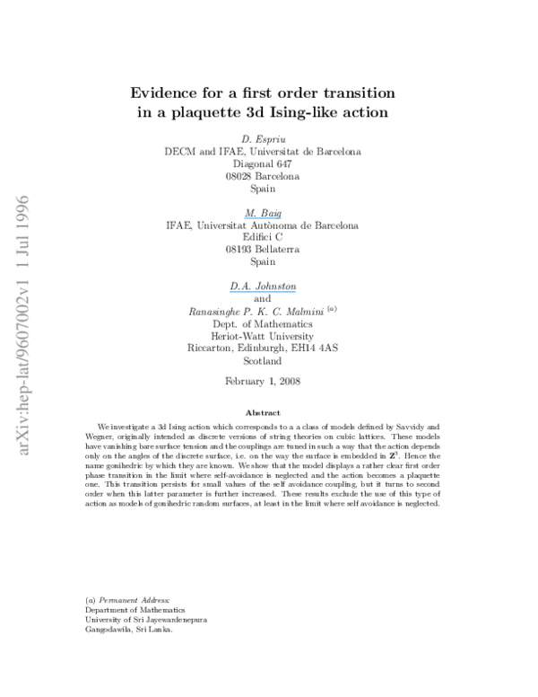 (PDF) Evidence for a first-order transition in a plaquette three-dimensional Ising-like action