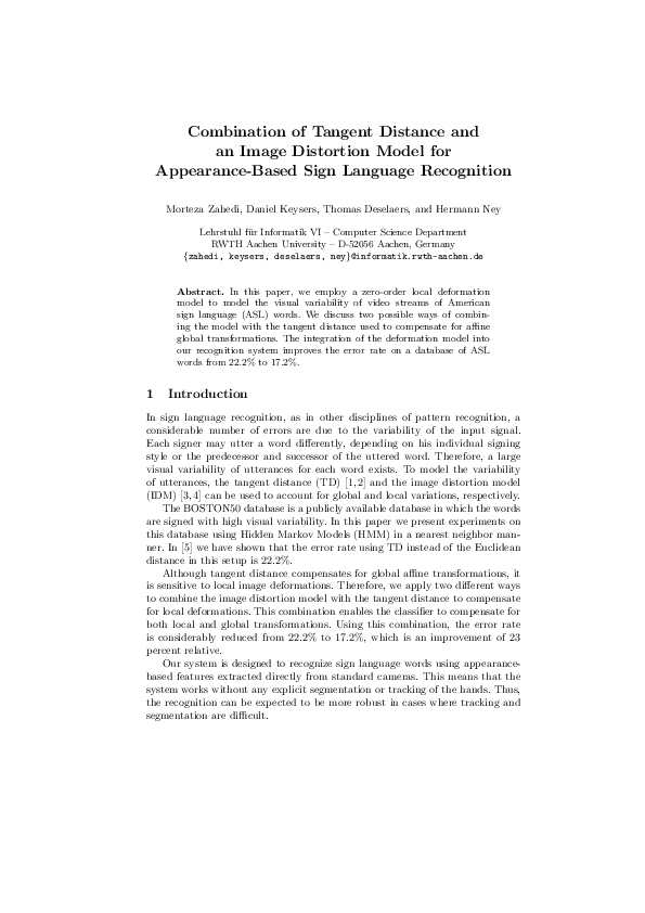 (PDF) Combination of Tangent Distance and an Image Distortion Model for Appearance-Based Sign ...