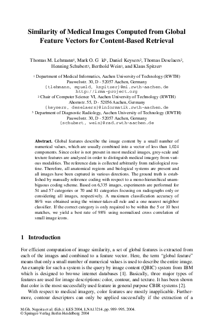 (PDF) Similarity of Medical Images Computed from Global Feature Vectors for Content-Based Retrieval