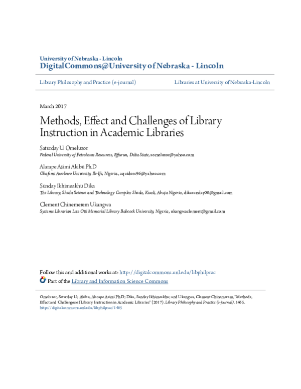 Pdf Methods Effect And Challenges Of Library Instruction In Academic Libraries