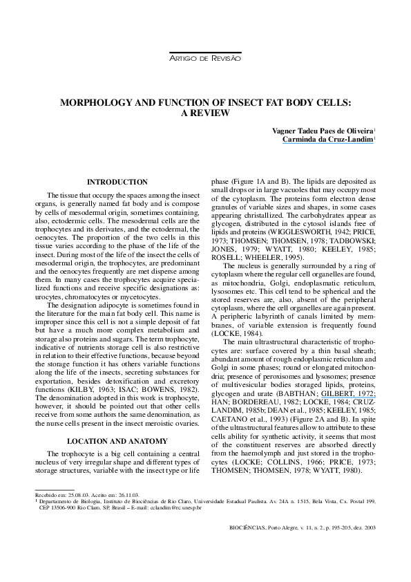(PDF) Morphology and function of insect fat body cells: a review