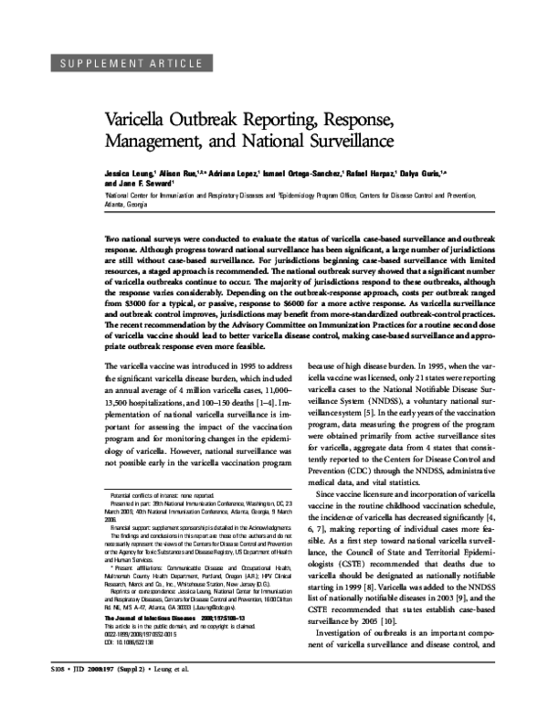 (PDF) Varicella Outbreak Reporting, Response, Management, and National ...