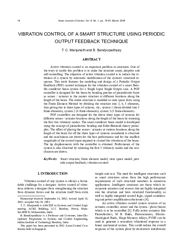 Pdf Vibration Control Of A Smart Structure Using Periodic Output Feedback Technique Dr Tc