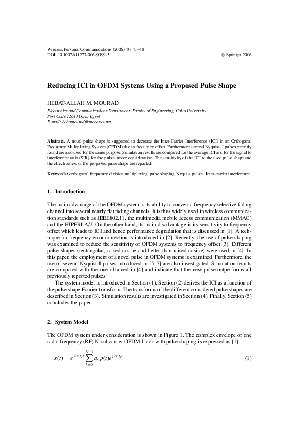 (PDF) Reducing ICI in OFDM Systems Using a Proposed Pulse Shape