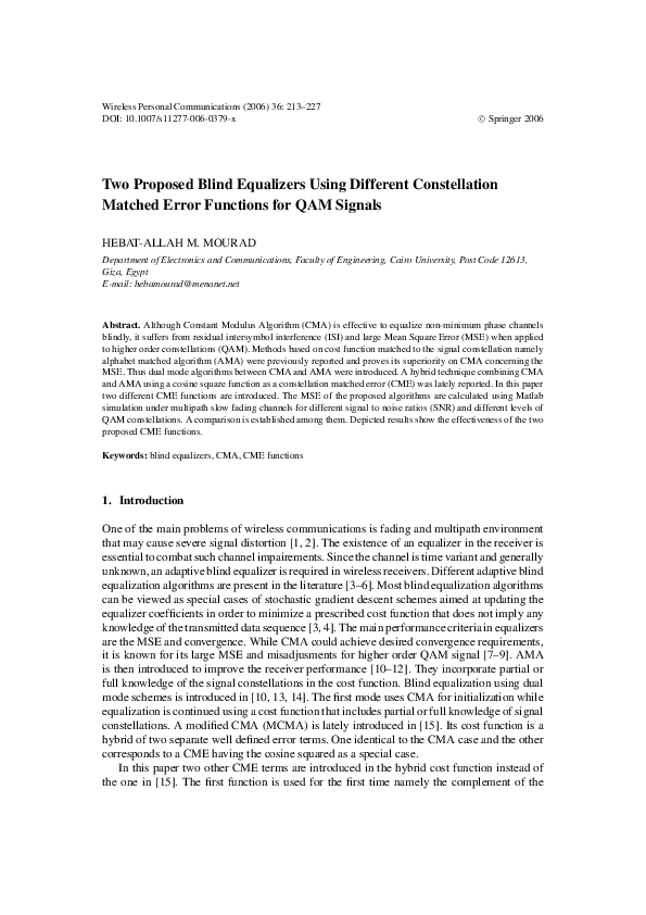 Pdf Two Proposed Blind Equalizers Using Different Constellation Matched Error Functions For