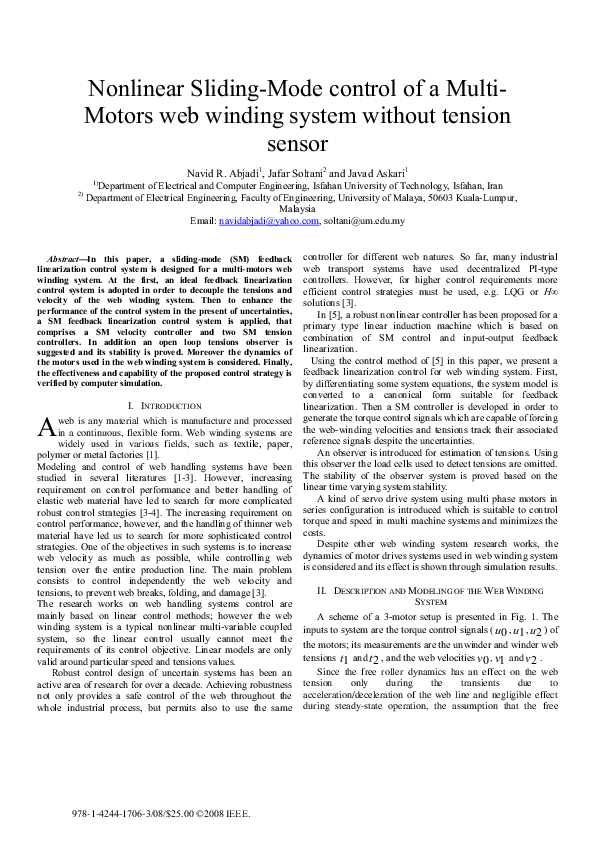 Pdf Nonlinear Sliding Mode Control Of A Multi Motors Web Winding System Without Tension Sensor