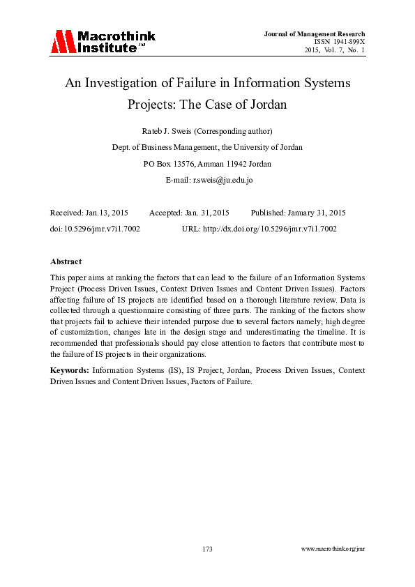(PDF) An Investigation of Failure in Information Systems Projects: The Case of Jordan