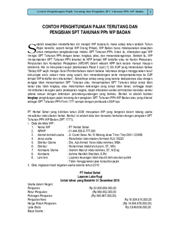 (PDF) Contoh Penghitungan Pajak Terutang dan Pengisian SPT Tahunan PPh ...