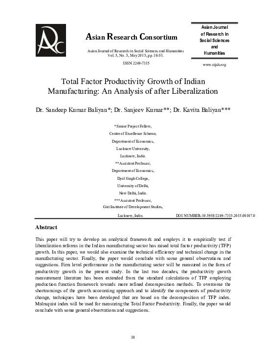 (PDF) Total Factor Productivity Growth of Indian Manufacturing: An Analysis of after Liberalization