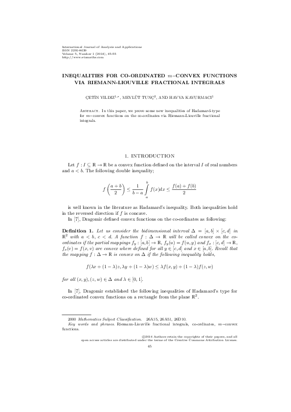 (PDF) Inequalities for Co-ordinated m−Convex Functions via Riemann-Liouville Fractional Integrals