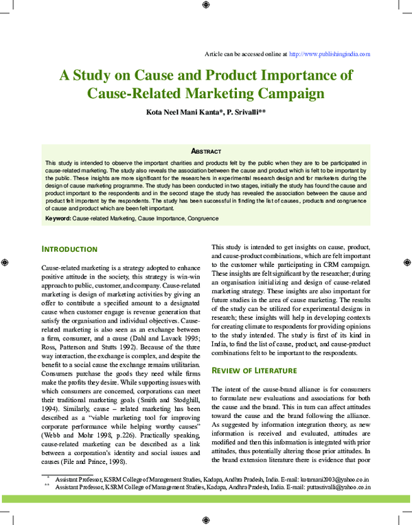 (PDF) A Study on Cause and Product Importance of Cause-Related ...