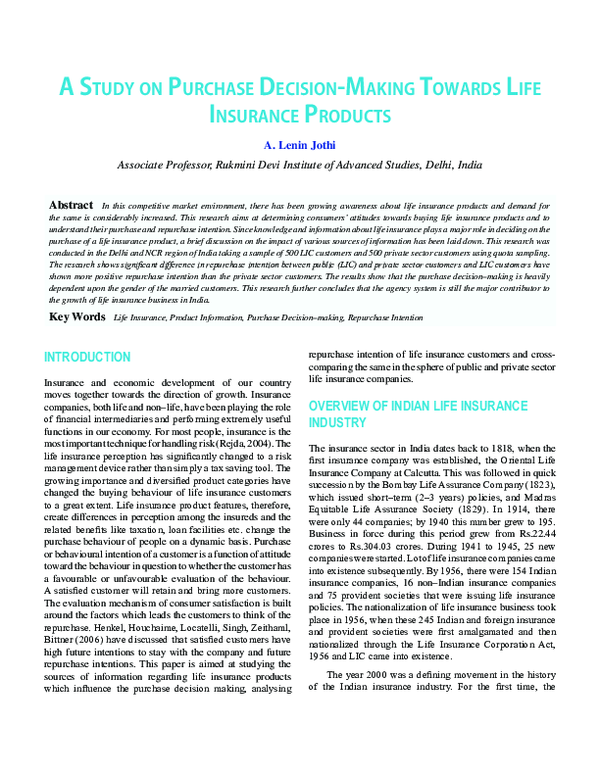 (PDF) A Study on PurchASe deciSion-MAking towArdS Life inSurAnce ProductS