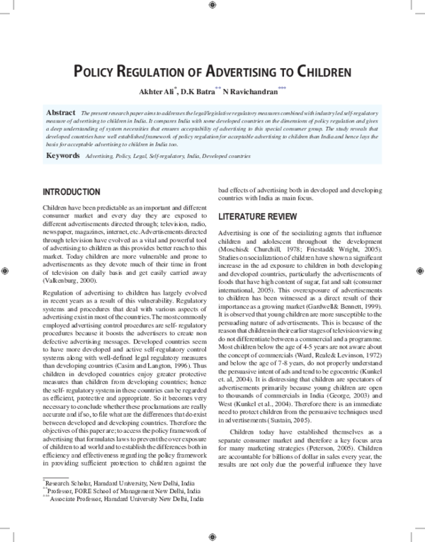 (PDF) Policy Regulation of adveRtising to childRen