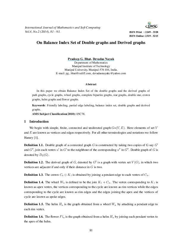 (PDF) On Balance Index Set of Double graphs and Derived graphs