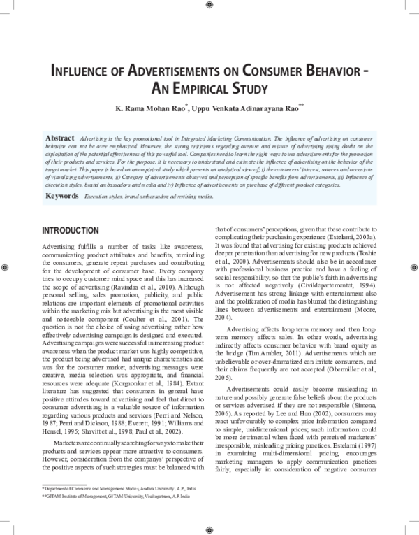 (PDF) Influence of Advertisements on consumer Behavior - An Empirical Study