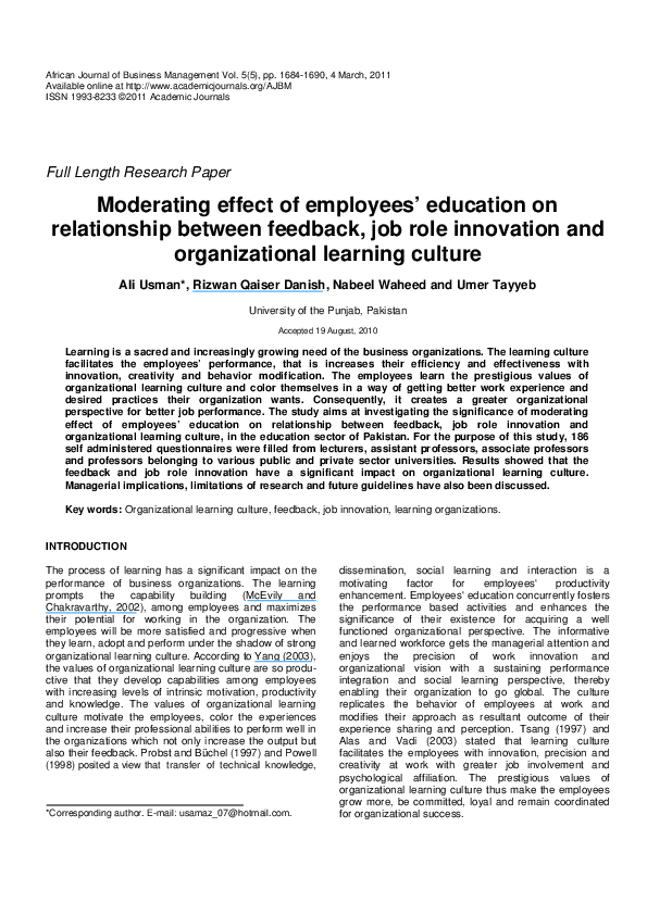 (PDF) Moderating effect of employees education on relationship between feedback, job role ...