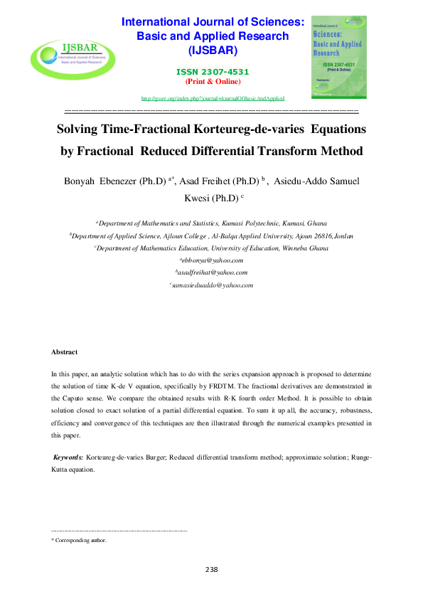 (PDF) Solving Time-Fractional Korteureg-de-varies Equations by Fractional Reduced Transform Method,