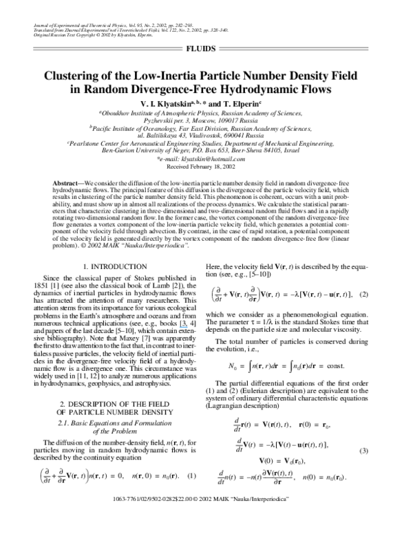 (PDF) Clustering of the low-inertia particle number density field in random divergence-free ...