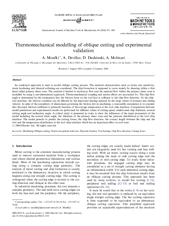 (PDF) Thermomechanical modelling of oblique cutting and experimental validation