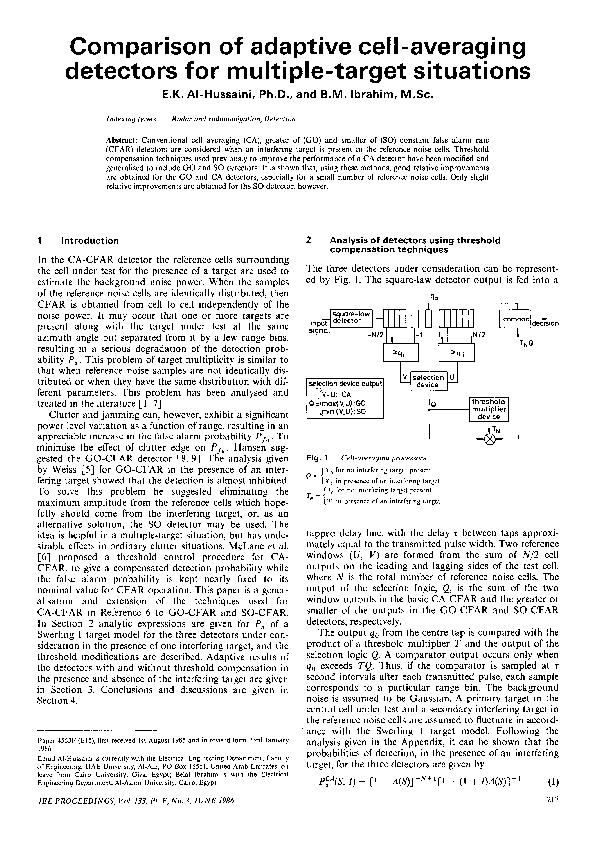 Pdf Comparison Of Adaptive Cell Averaging Detectors For Multiple Target Situations Emad K Al