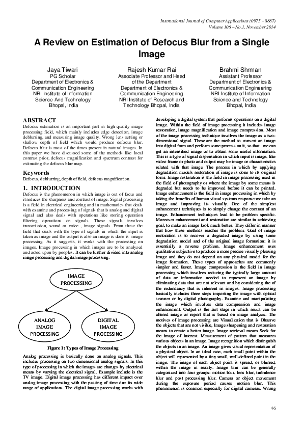 Pdf A Review On Estimation Of Defocus Blur From A Single Image