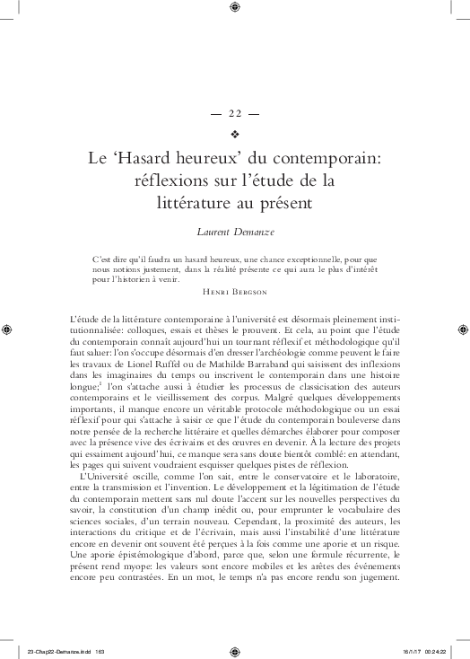 (PDF) Le "hasard heureux" du contemporain. Réflexions sur l'étude de la ...