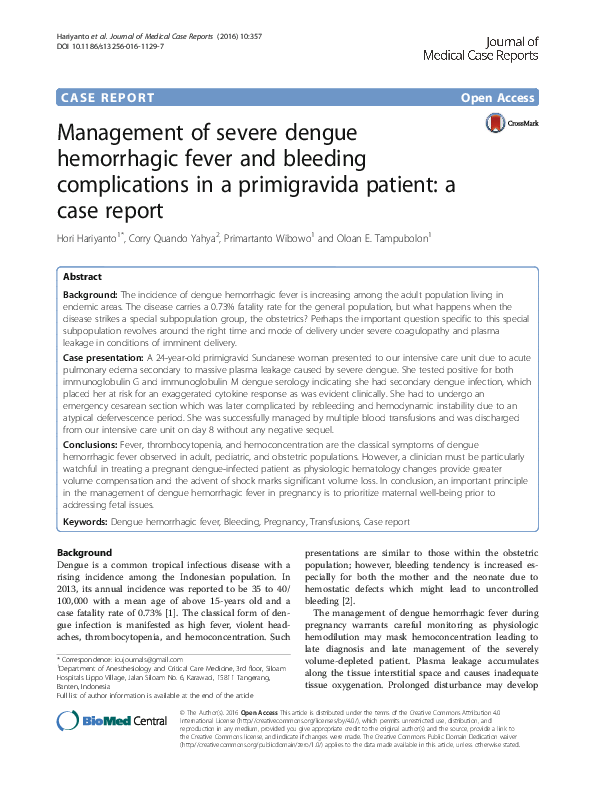 (PDF) Management of severe dengue hemorrhagic fever and bleeding ...