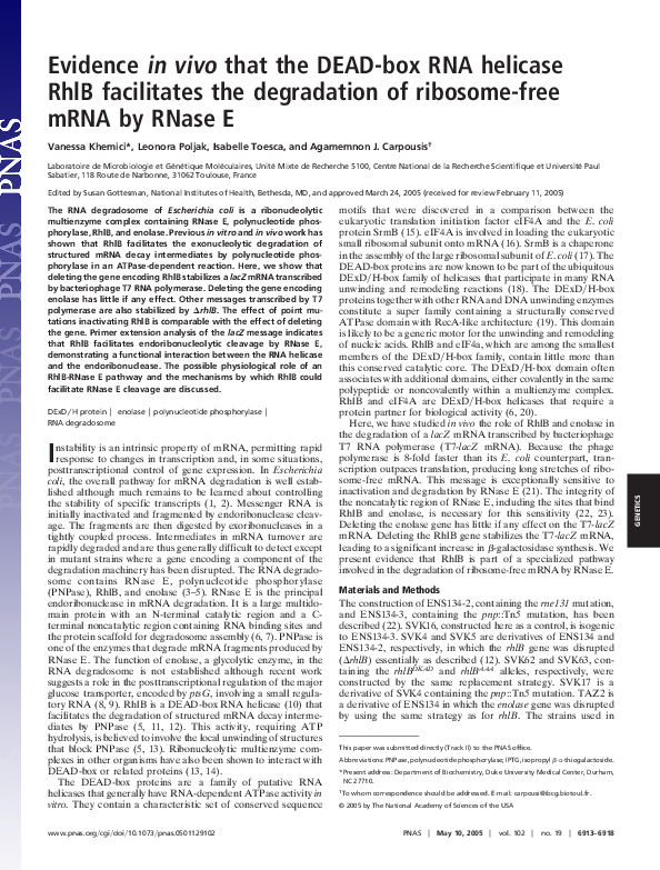 (PDF) Evidence in vivo that the DEAD-box RNA helicase RhlB facilitates ...