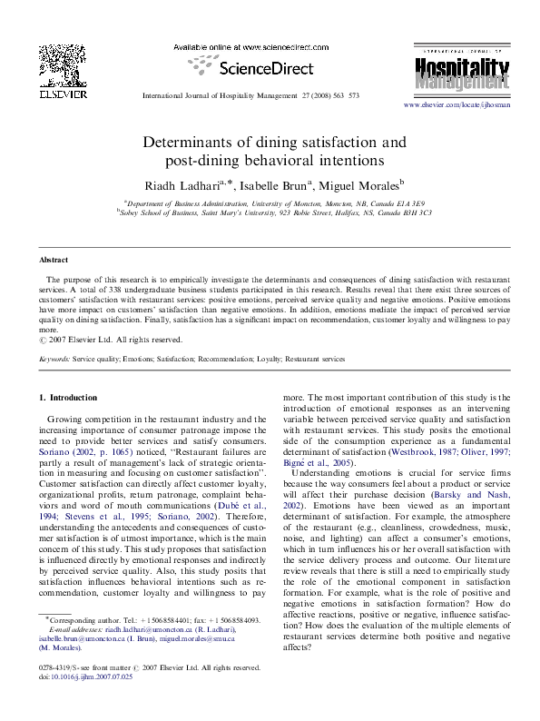 Pdf Determinants Of Dining Satisfaction And Post Dining Behavioral Intentions